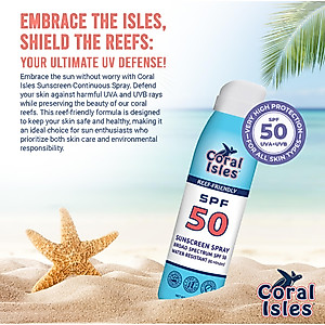 Coral Isles Reef Safe Sunscreen Spray SPF 50 - Broad Spectrum UVA/UVB Protection - Octinoxate & Oxybenzone Free - Hawaii Compliant - Non-Greasy, Fragrance Free - Water Resistant - 6 Fl Oz 3 pack