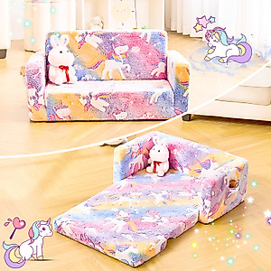 IFNOW Toddler Couch, Toddler Chair Folding, Kids Couch 2 in 1, Kids Sofa for Playroom-Extra Soft 2 Seats, Glow in The Dark Open Couch, Gifts for Kids, Sleeper for Girls Boys, Unicorn