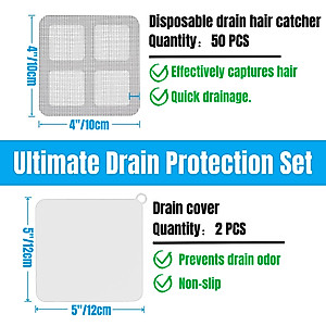 50 Pcs Shower Drain Hair Catcher Disposable, 4" X 4" Shower Drain Cover Mesh Stickers Easy to Install and Clean Suit for Bathtub, Bathroom, Kitchen and Laundry