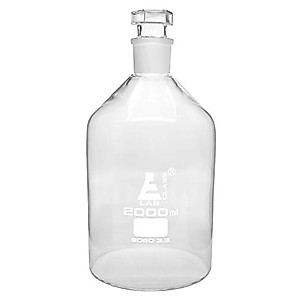 EISCO Reagent Bottle, 2000ml, 34/35 Interchangeable Hexagonal Hollow Stopper - Narrow Mouth - Borosilicate Glass Labs