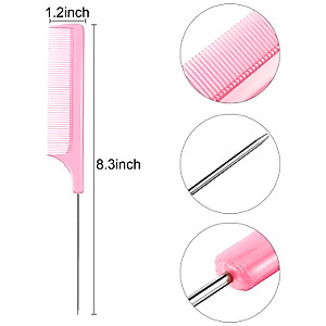 16 Pcs Rat Tail Comb Foiling Steel Pin Rat Tail Fiber Heat Resistant Teasing Combs with Pintail for Women Girls Hair Styling(Black and Pink)