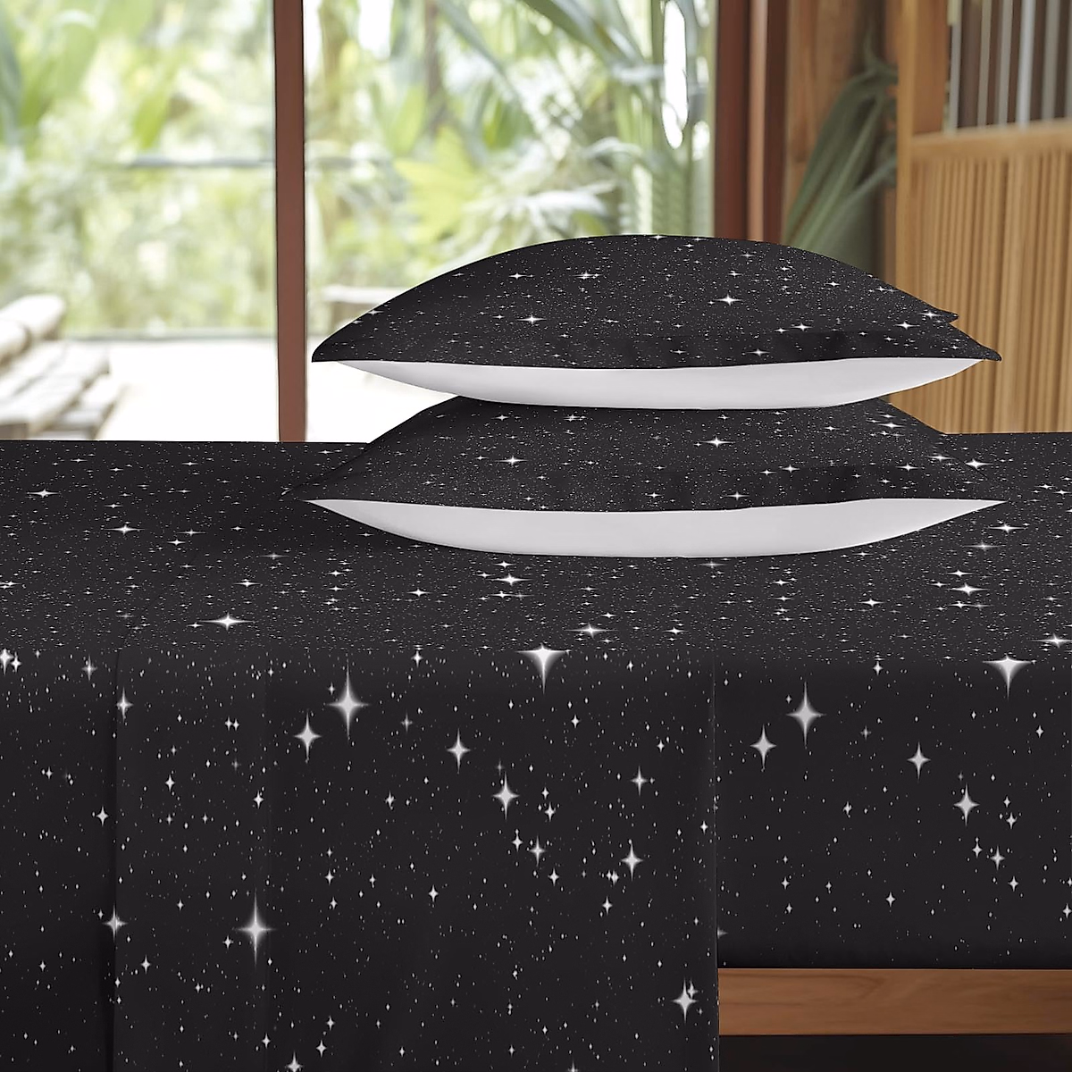 Pamnest 4 Pieces Queen Size Bed Sheet Sets, Space Starry Deep Soft Microfiber Bedding Sets for Kids and Adults Bedroom Bed Decor, Black Star Sky Flat Sheet, Fitted Sheet and 2 Pillowcases