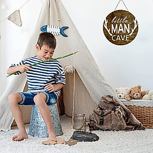 Little Man Cave, Wood Wall Sign for Nursery Bedroom Living Room Rustic Home Decor Crib Decorations Woodland Aesthetic Round Kids Gift Newborn Boys, New Mom, 12x12 in