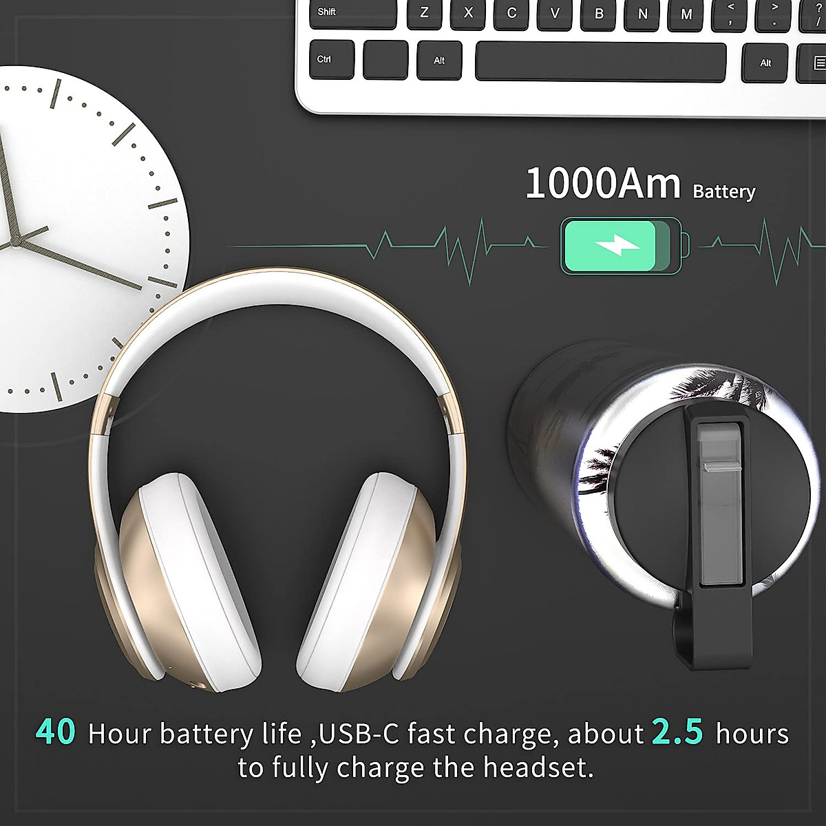 LETTON L13 Wireless Gaming Headset for PC, PS4, Nintendo Switch, Long Lasting Battery Up to 40 Hours, 7.1 Surround Sound, Memory Foam, Detachable Noise Cancelling Microphone with(White Gold)