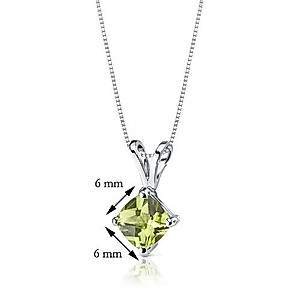 PEORA Solid 14K White Gold Peridot Pendant for Women, Genuine Gemstone Birthstone Classic Solitaire, Cushion Cut, 6mm, 1 Carat total
