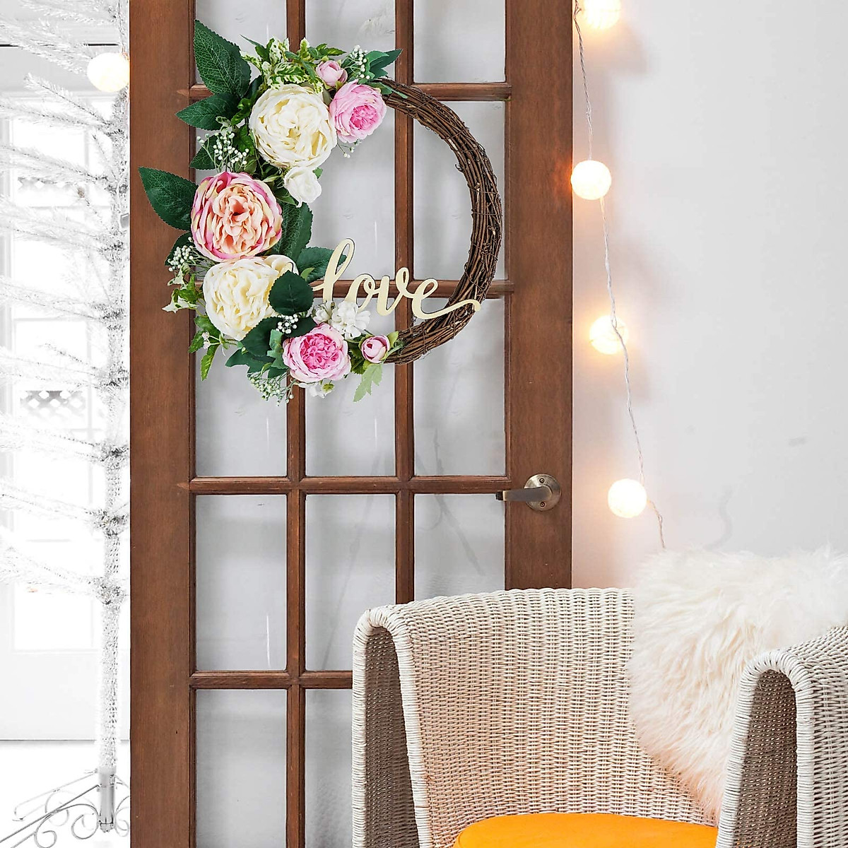 Martine Mall 14In Artificial Peony Flower Wreath Half Circle Wreath Front Door Wreath for Spring Summer Floral Wreath with Eucalyptus Leaves Home Garden Party Wedding Mother Valentines Day Decor