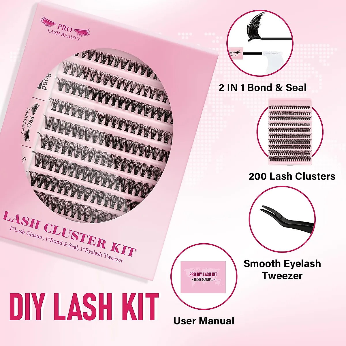 PRO DIY Lash Extension Kit Eyelash Extension Kit with 200 Pcs Lash Clusters Individual Lashes Lash Bond and Seal Eyelash Applictor Lash Tweezers Lash Clusters Kit for Beignner (DIY Lash Kit-A)