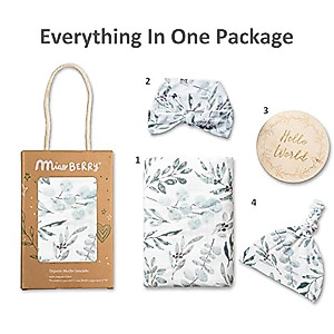 Miaoberry 100% Organic Eucalyptus Muslin Swaddle Set with Hat and Bow