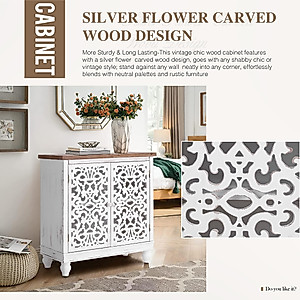 PHI VILLA Accent Cabinet with Doors Hollow-Carved Cabinet Farmhouse Antique Cabinet Credenza Buffet Cabinet for Entryway Living Room Storage Cabinet White