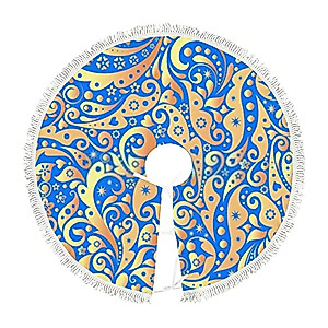 Kuizee Christmas Tree Skirt 30 Inch Xmas Tree Ornament Blue Golden Luxury Deco Xmas Party Decoration Tassels Christmas Party Supplies Christmas Tree Base Cover