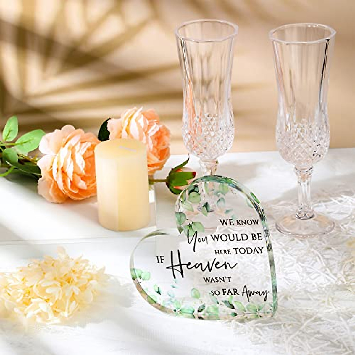 Heart Acrylic Sign in Loving Memory of Loved One Wedding Memorial Table Sign Gifts for Ceremony and Reception Remembrance Mother Father in Law Plaque for Counter Desk Centerpiece Decor (Leaves Style)