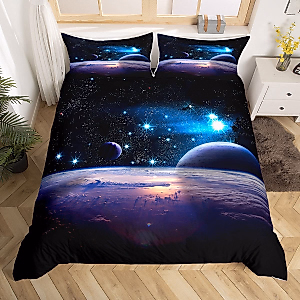 Full 3-Piece Galaxies Comforter Sets - 3D Printed Space Themed Duvet Cover Set Luxury Kids Boys Bedding All-Season Down Galaxy Series Bedding Set for Adult Teen Universe Pattern Bedspread Cover