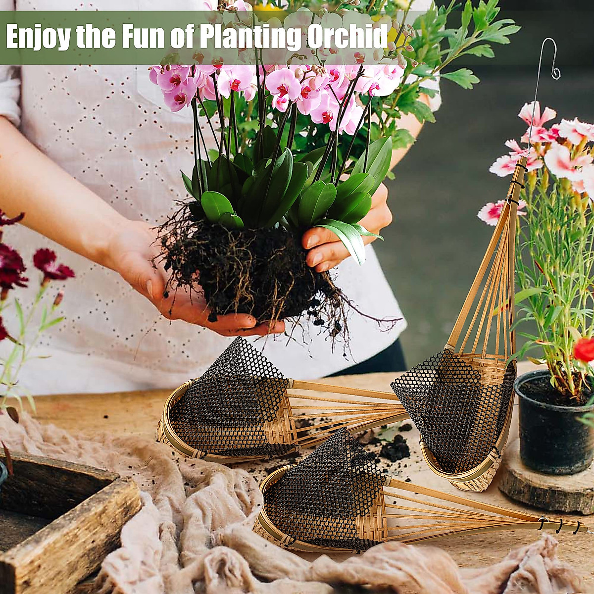 Lanccona Orchid Hanging Planter 5 Inch 6 Pack with Bird Nest Style Plant Hangers, Handmade Thai Bamboo Woven Hanging Orchid Basket for Trellis Gazebo Indoor Outdoor