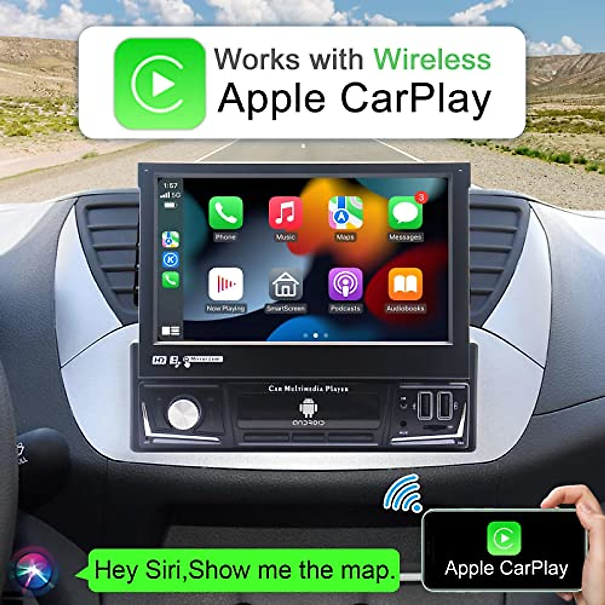 Wireless CarPlay Single Din Car Stereo Wireless Android Auto 7 Inch Flip Out Touch Screen Car Radio GPS Navigation Bluetooth FM WiFi Flip Up Touchscreen Car Audio Receiver USB/TF/AUX Port Head Unit