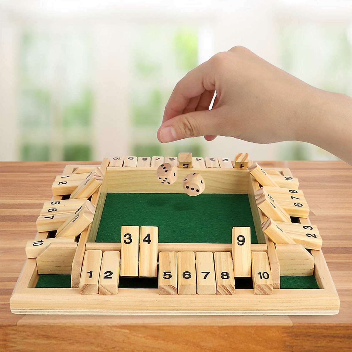 Aomola Shut The Box Dice Game Wooden Board Game for Kids Adults 8 Dice 4 Side 8.66 Inch Travel Game for 2 to 4 Players