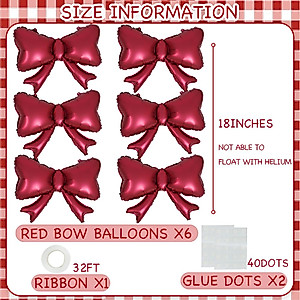 6 Pieces Bow Balloons, Red Matte Metallic Foil Bowtie Balloon, Big Burgundy Bow Balloons for Women Girls Birthday Party, Wedding Bridal Shower, Valentine's Day Party, Balloon Garland Accessories