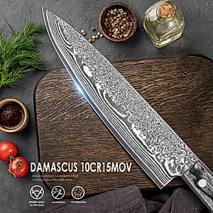 Damascus Chef Knife 8 Inch, Professional Japanese VG10 Damascus Steel Super Sharp Cooking Knife, G10 Ergonomic Color Wooden Handle with Luxury Gift Box