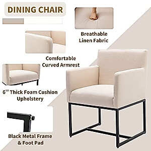 HNY Mid Century Modern Upholstered Dining Chairs with Arms Set of 4, Linen Accent with Black Finish Metal Frame, 19'' Wide for Living Room Kitchen Bedroom, Cream, Cream-linen-black Frame