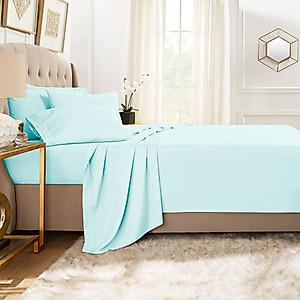 Clara Clark Cal King Sheets, 6 Piece Set - Hotel Luxury Sheets for Cal King Size Bed, Super Soft Bedding Sheets & Pillowcases, Cal King Size Sheets, Aqua Light Blue