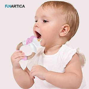 Silicone and Wood Teether Ring in Organic & Natural 100% Food Grade Silicone & Beech Wood, Unicorn Teething Toy (Pink-1pack)