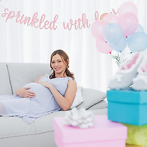 Sprinkled with Love Glitter Banner Baby Shower Sprinkle Party Decoration for Girl Pre-Strung Sign Gold (Pink)