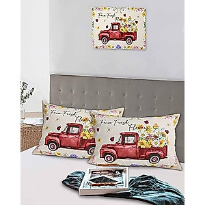 Edwiinsa Summer Truck Pillow Covers Standard Size Set of 2 20x26 Bed Pillow, Ladybug Spring Floral Rustic Plush Soft Comfort for Hair/Skin Cooling Pillowcases with Envelop Closure
