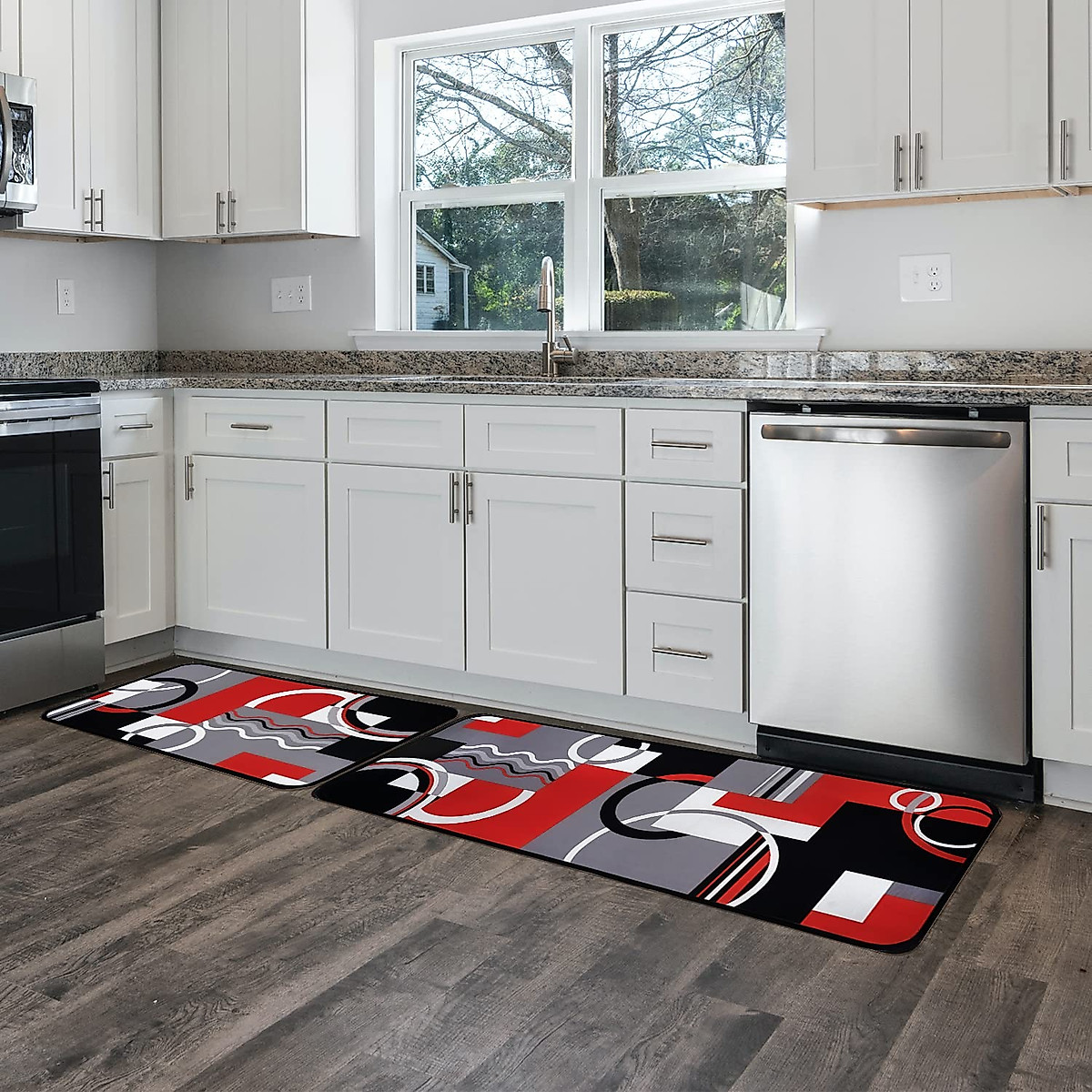 Red Black Grey White Kitchen Rug Set of 2, Modern Abstract Kitchen Floor Mat Rugs Carpet- Geometric Black White Red Kitchen Decor and Accessories Home Decoration- 17x30 and 17x47 Inch