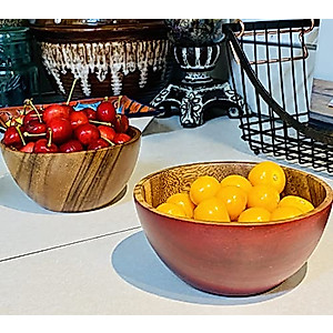 WRIGHTMART Wood Bowl, Set of 4 for Food, Salad, Snacks, Appetizers, Candy, Nut Mixes, Rustic Durable Hand Crafted Acacia Serveware, 5” diameter, Natural Finish, Red Wash Exterior
