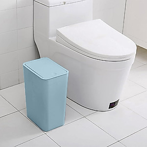 4 Gallon Bathroom Trash Can with Lid, 15 Liters Slim Garbage Can with Press Top, Dorm Room Small Trash Bin, Plastic Waste Basket for Bathroom, Office, Bedroom, Kitchen, Living Room, Laundry (Blue)