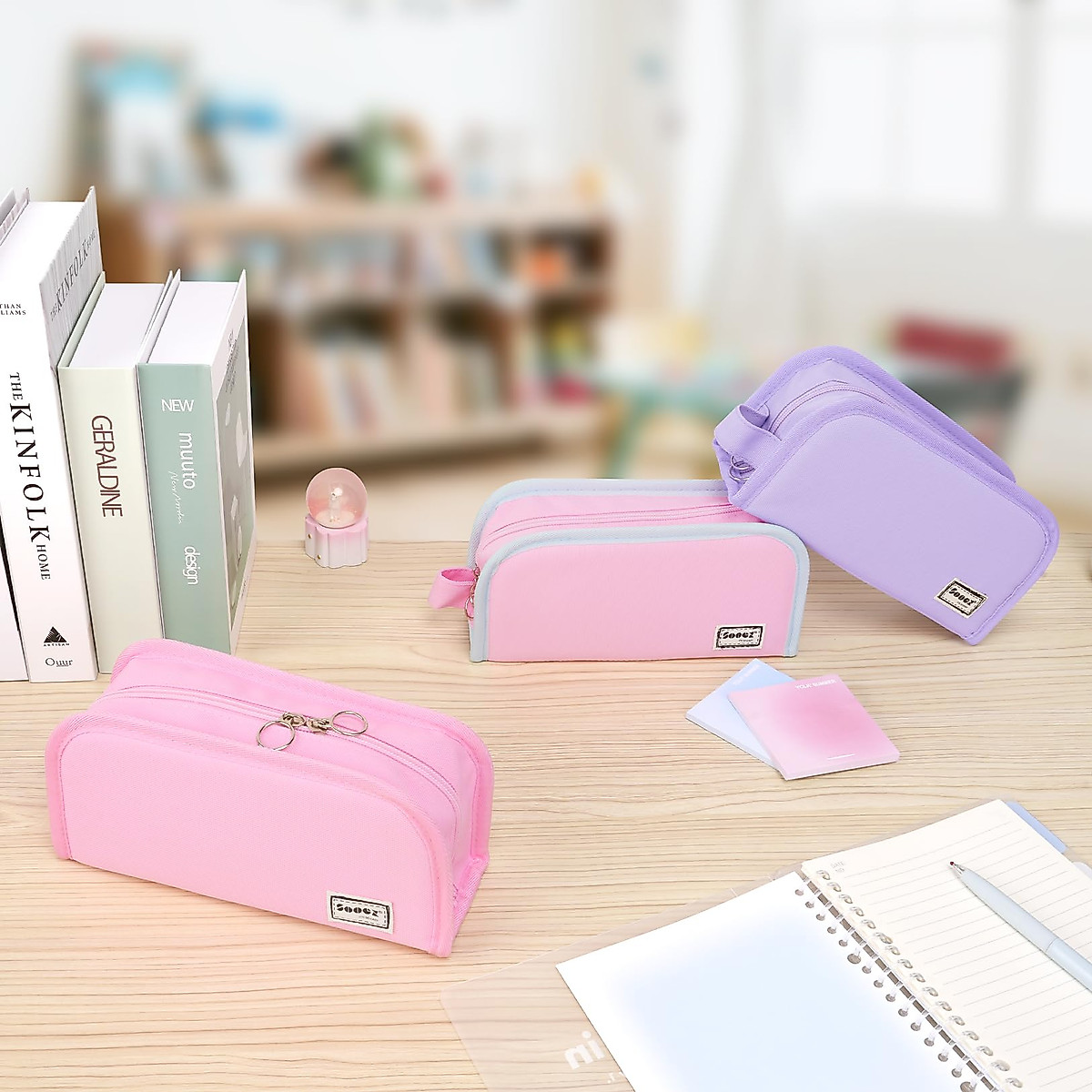 Sooez Wide Opening Pencil Pen Case,Large Capacity Zipper Pouch,Aesthetic Bag School Supplies,Compact Stationery Organizer Marker Pouch Makeup Girls Adult School,Blue & Pink Edge(SZA0314-0002A)