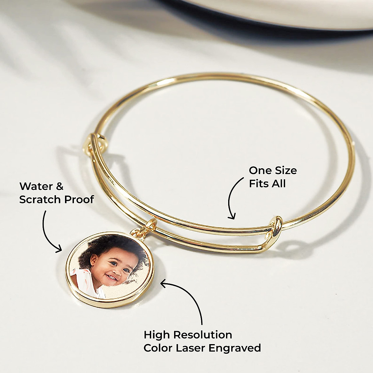 PicturesOnGold.com Expandable Picture Bracelet With Personalized Photo - One Size Fits All Personalized Photo Engraved Circle Bracelet - Gold or Silver Tone (Gold Tone)
