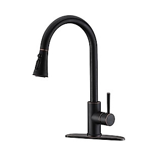 Kitchen Faucet with Deck Plate, Single Handle Solid Brass, Pull Out Sprayer Kitchen Sink Faucet Oil Rubbed Bronze, High Arc Pull Down Kitchen Faucet