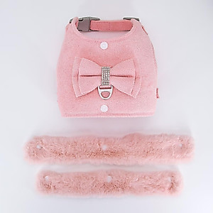 Didog Cute Small Dog Harness and Leash Set, Winter Warm Dog Harness with Bow Tie, Adjustable Soft Padded Puppy Vest with Removable Plush Collar for XS Small and Medium Sized Dogs (Pink, M)