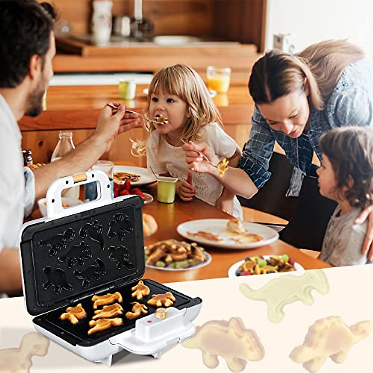 Mini Waffle Maker Dinosaur Waffle Iron for Kids 7 Unique Dino Waffle in Minutes, Electric Nonstick Waffle Pancakes Maker with Removable Plates Breakfast Maker Machine, Fun Gift for Kids Family