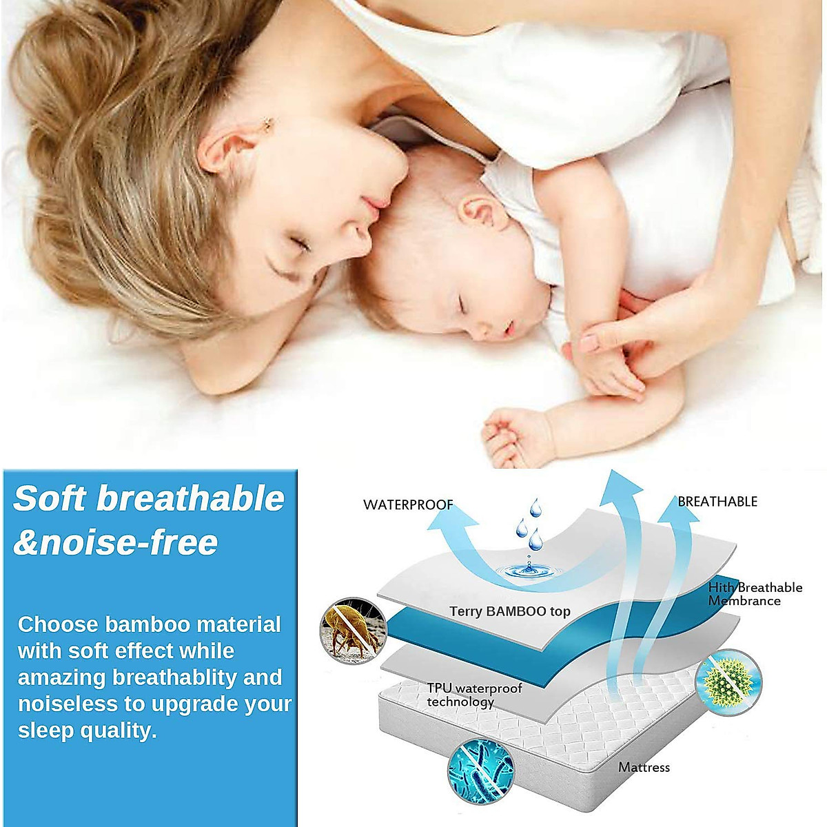 King&Twin Size Cooling Waterproof Mattress Protector Pad Bed Cover,Bamboo Terry Top Breathable Fitted Sheet Style Deep Pocket Soft Noiseless Waterproof Matressprotector Twin for Bed Kids Adults