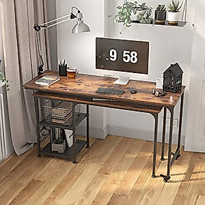 Need Mobile Computer Desk with Storage Shelves L-Shaped Rotating Corner Desk Home Office Desk Study Writing Desk with Wheels 55 Inches, Retro