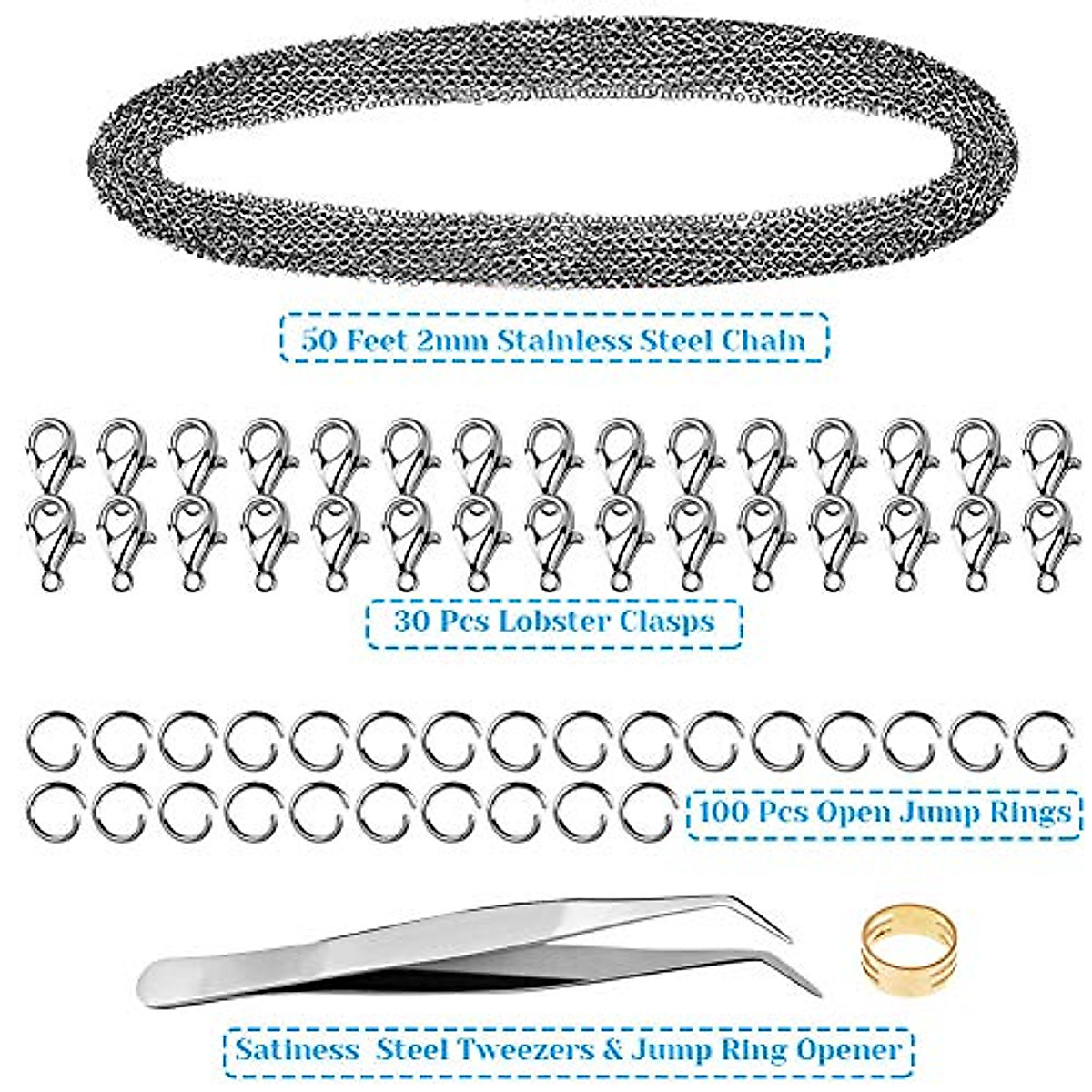 Chains for Jewelry Making, Anezus 50 Feet Stainless Steel Jewelry Chain Bracelet Chains 2.0mm Silver Thin Chain with Jump Rings Lobster Clasps for Making Jewelry DIY Necklace Making