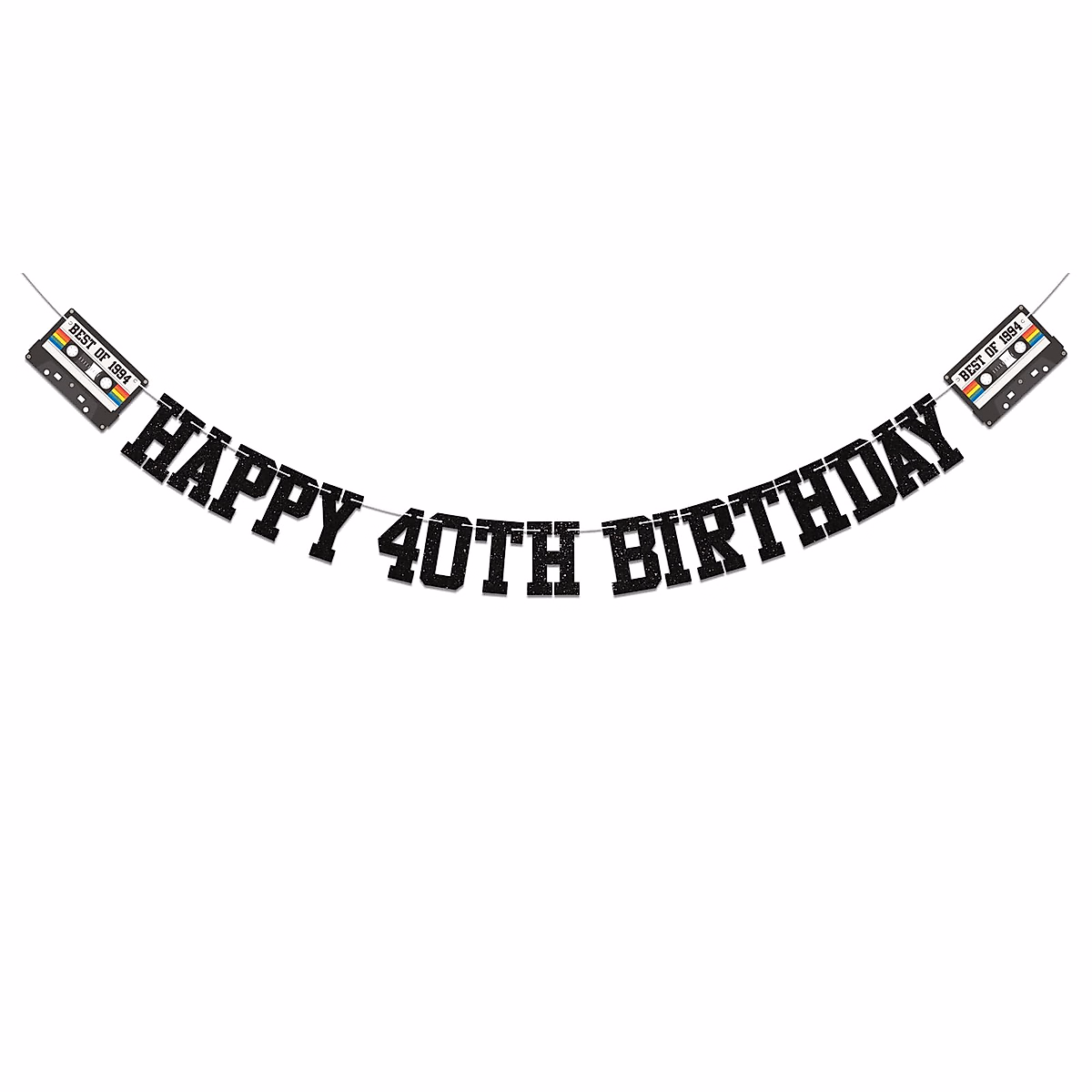 Happy 40th Birthday Banner - 40th Birthday Party Decorations, Retro Cassette Tape Best of 1984 Bunting Garland, 80’s Theme Party Supplies Black Glitter