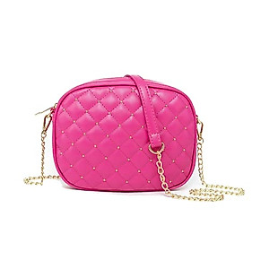Girls Hot Pink Shoulder Crossbody Purse and Handbag - Teens Cute Small Trendy Quilted Lather Satchel - Messenger Bags Wallet Travel Bag for Women