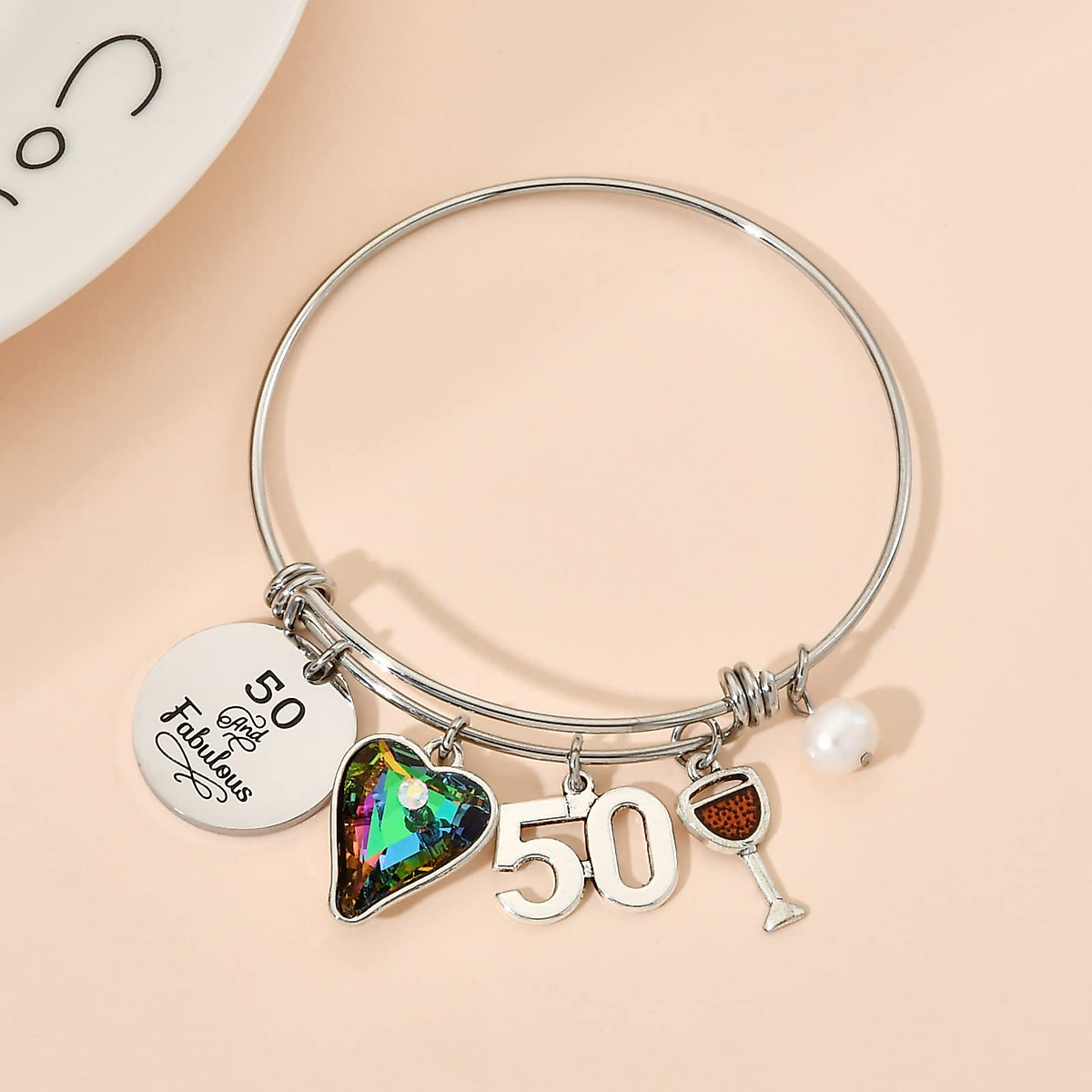 50th Birthday Gifts for Women 50 Years Old Birthday Gifts for Mom Mother Aunt Friends 50 And Fabulous Bracelet 1972 50th Bday Charm Bracelet Bangle Unique Five Decade Jewelry Gift Ideas for Her