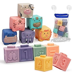 QLOTS Baby Blocks, Baby Toys 12PCS Soft Stacking Building Blocks Infant Bath Toys for Toddler 12 Month 1 2 Years Old Boys&Girls Gift Safe Teething Squeeze Sensory Toys with Suction Cup Storage Bag
