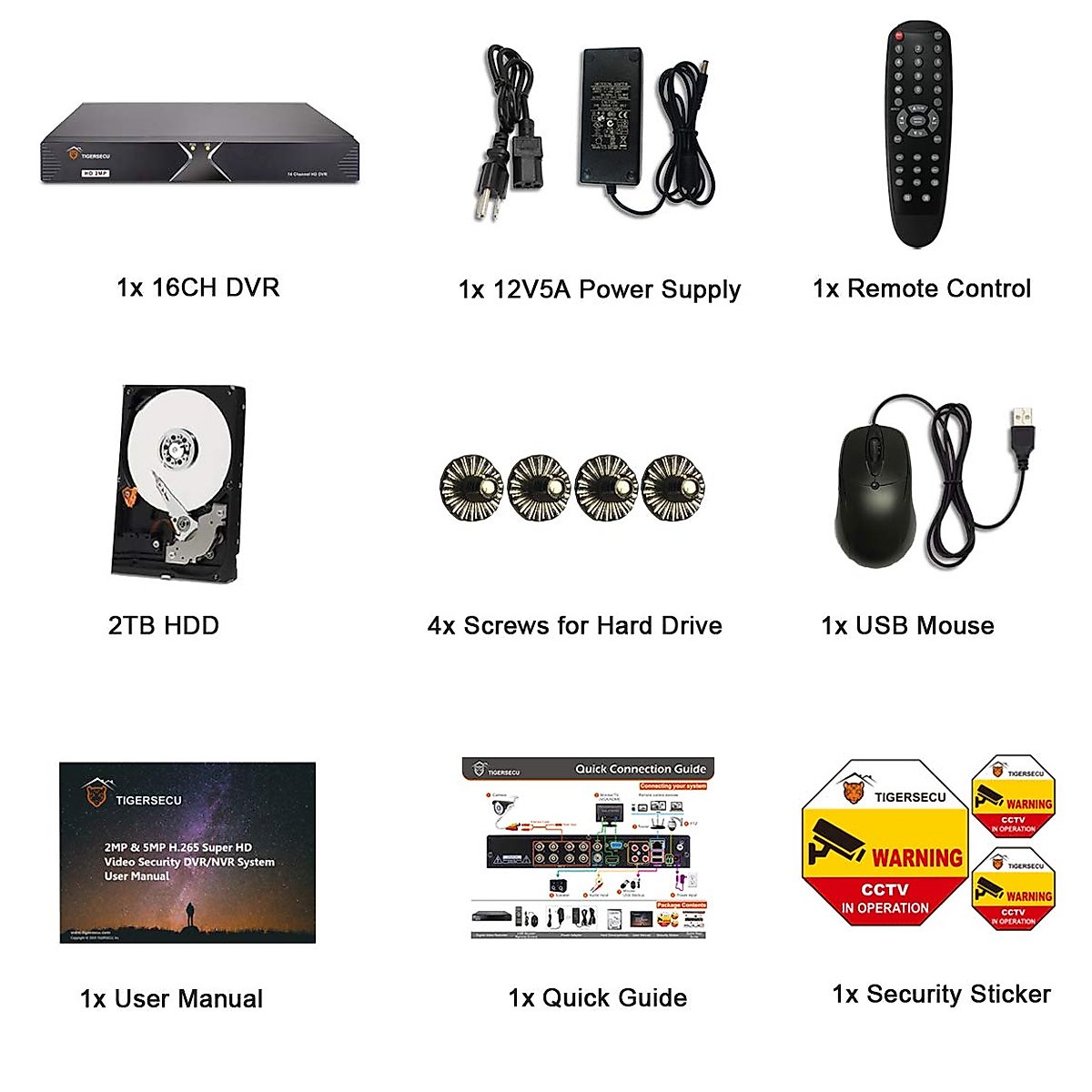 TIGERSECU Super HD 1080P 16-Channel Hybrid 4-in-1 DVR Security Recorder with 2TB Hard Drive, for 2MP TVI/AHD/CVI/Analog Cameras (Cameras Not Included)