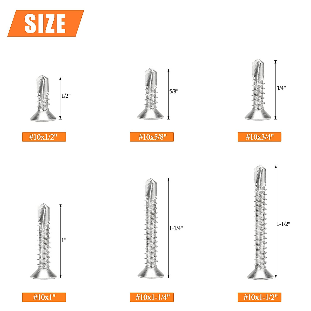 HELIFOUNER #10 x1/2", 5/8", 3/4", 1", 1-1/4", 1-1/2" Self Drilling Screws Sheet Metal Screws Assortment Kit, 410 Stainless Steel (#10 Countersunk Head)