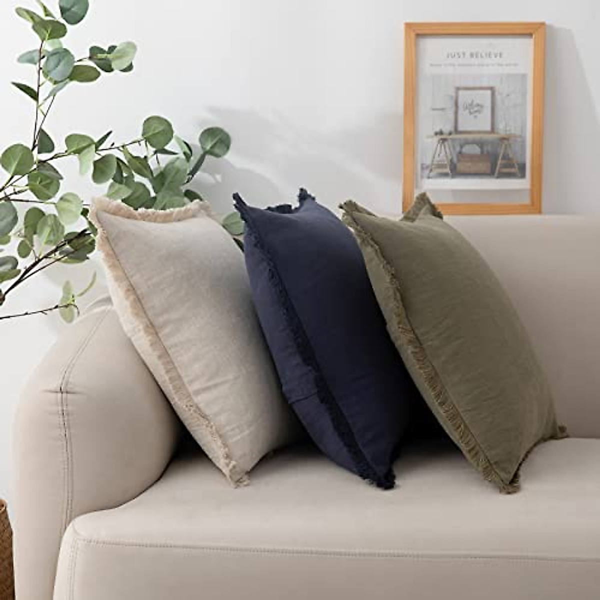 Linen Fringed Throw Pillow Cover - Soft Cozy Boho Cushion Covers with Tassel for Couch Sofa Farmhouse Natural Decor Burlap Pillowcase, Green 18x18 Inches