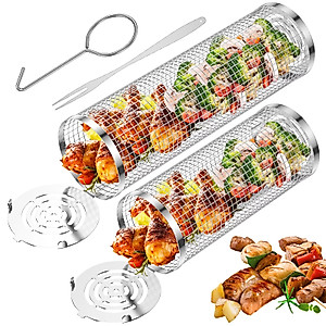 Rolling Grill CART, Stainless Steel BBQ Rolling Grill Basket Round Barbecue Net Tube for Outdoor Camping Picnic, Non-Stick Grill Net Wire Mesh Cylinder for Fish, Vegetables and Meat