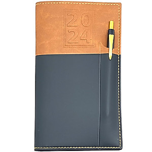 2024 Weekly Pocket Calendar Organizer With Black & Gold Pen Attached | White Notepad For Notetaking - All in a Gold Gift Box | Small Size Soft Leather Cover 6" X 3.5" Black & Brown/Tan Planner (2024)