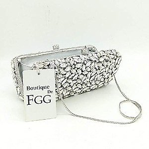 Boutique De FGG Women Silver Crystal Clutch Bag Minaudiere Box Handbag Party Prom Rhinestone Clutch Purse Wedding Bag, Small