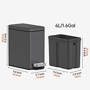 Mbillion Step Trash Can 6 Liter 1.6 Gallon Slim Design Step-On Trash Can with Strong Pedal, Stainless Steel Rectangular Garbage Can, Grey