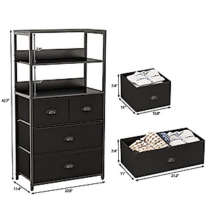 Furologee Vertical 4 Drawer Dresser Organizer with 3-Tiers Wood Shelf,Tall Fabric Storage Tower Unit, Sturdy Metal Frame Furniture,Fabric Bins for Bedroom,entryway,Office(Black & Brown))
