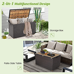 HAPPYGRILL 134 Gallon Rattan Deck Box, Patio Wicker Storage Box with Zippered Liner, Solid Acacia Wood Top & Feet, Effort-Saving Pneumatic Rod, Outdoor Storage Container for Porch Backyard